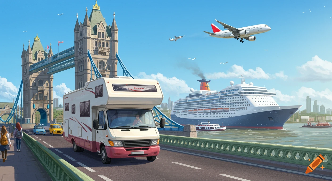 RV driving across London Bridge with cruise ship and airplane in ...