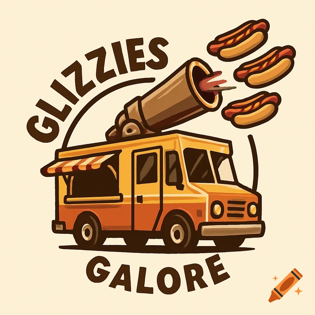 Glizzies Galore food truck logo with hotdog-shooting cannon on Craiyon