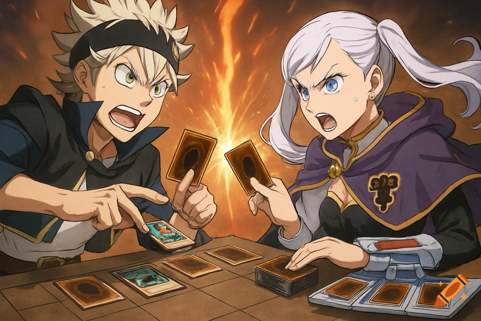 Asta and Noelle Silva from Black Clover playing Duel Monsters on Craiyon