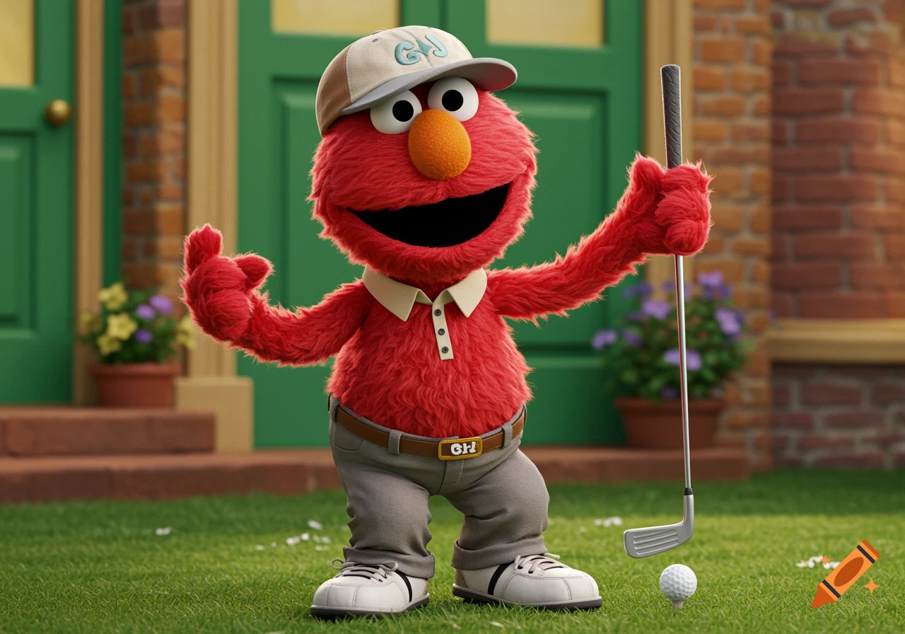 Elmo from Sesame Street dressed in golf pants and hat, holding a golf ...