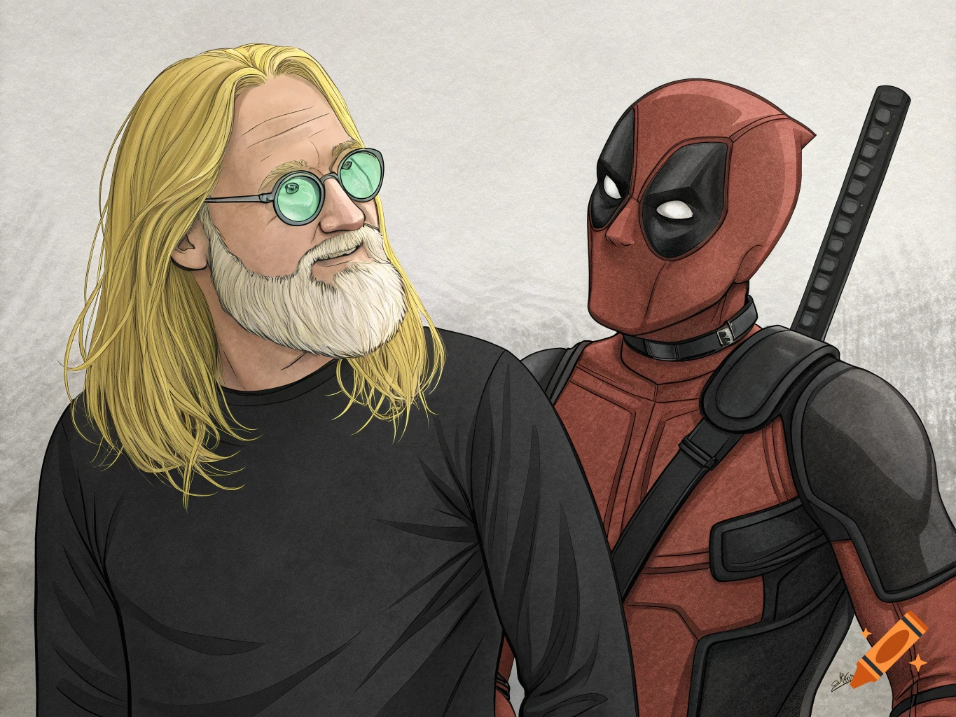 Middle-aged man with blonde hair, glasses, and beard with Deadpool ...