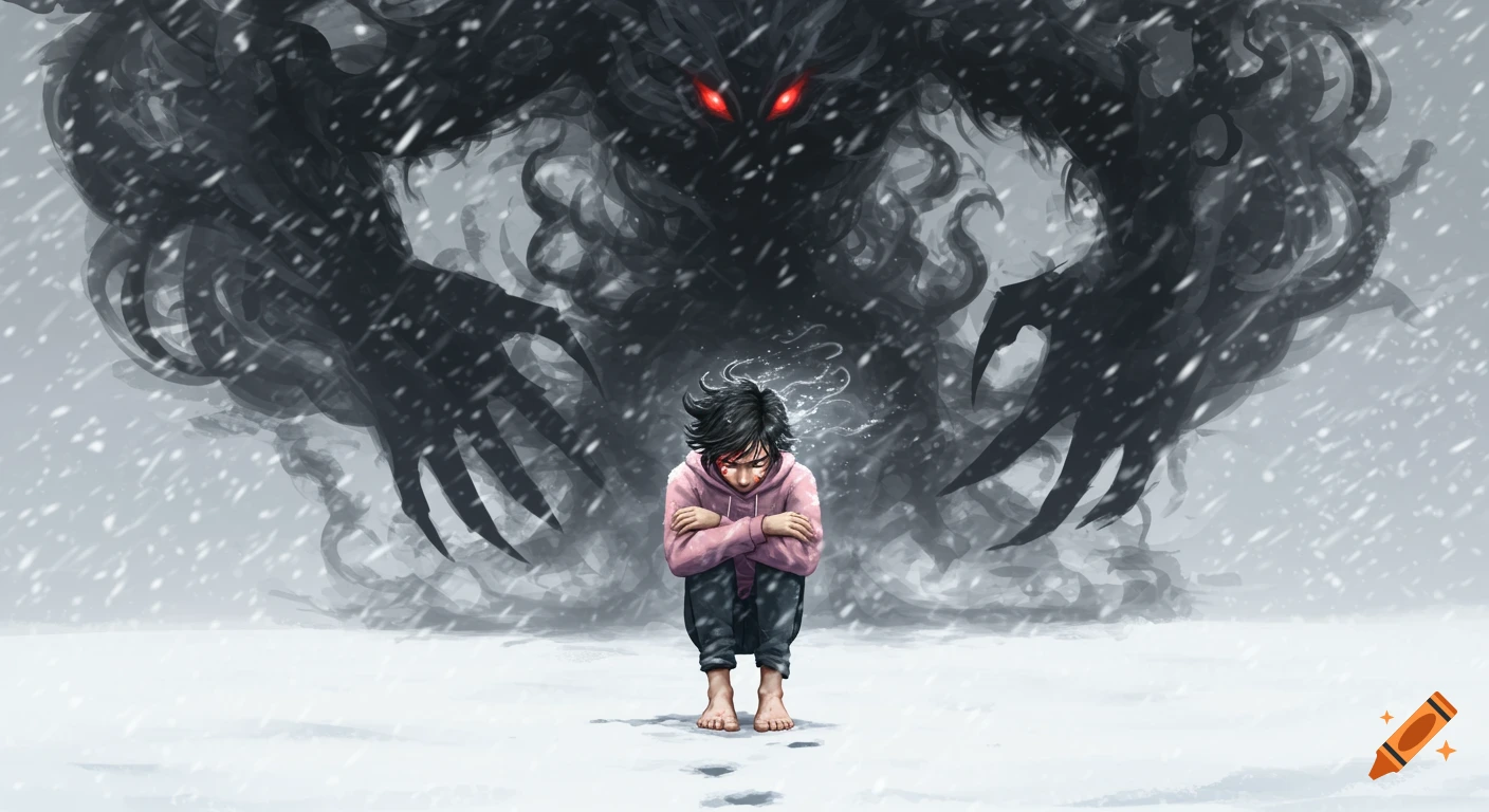 A small, slouched figure in a snowy plain with a giant, mist-formed ...