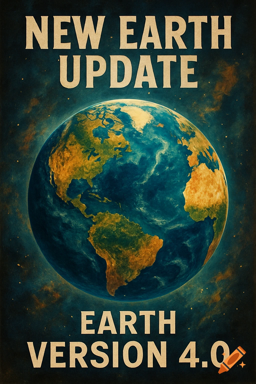 Digital art poster of Earth with text 'NEW EARTH UPDATE EARTH VERSION 4 ...