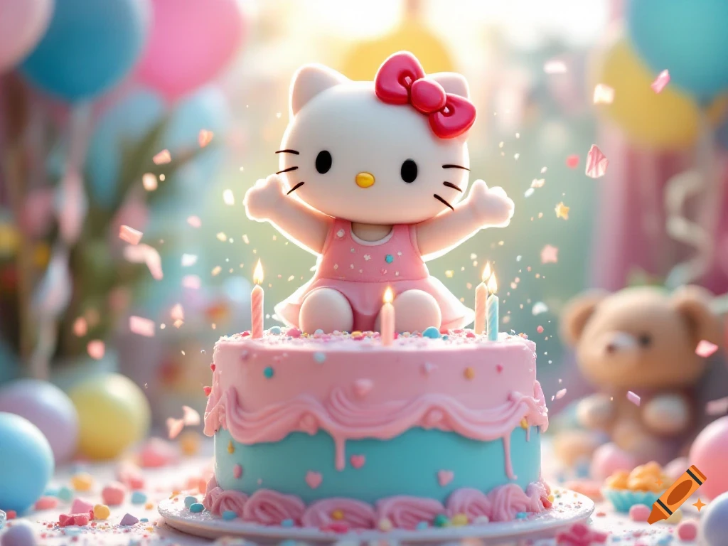 Hello Kitty jumping out of pastel birthday cake illustration on Craiyon