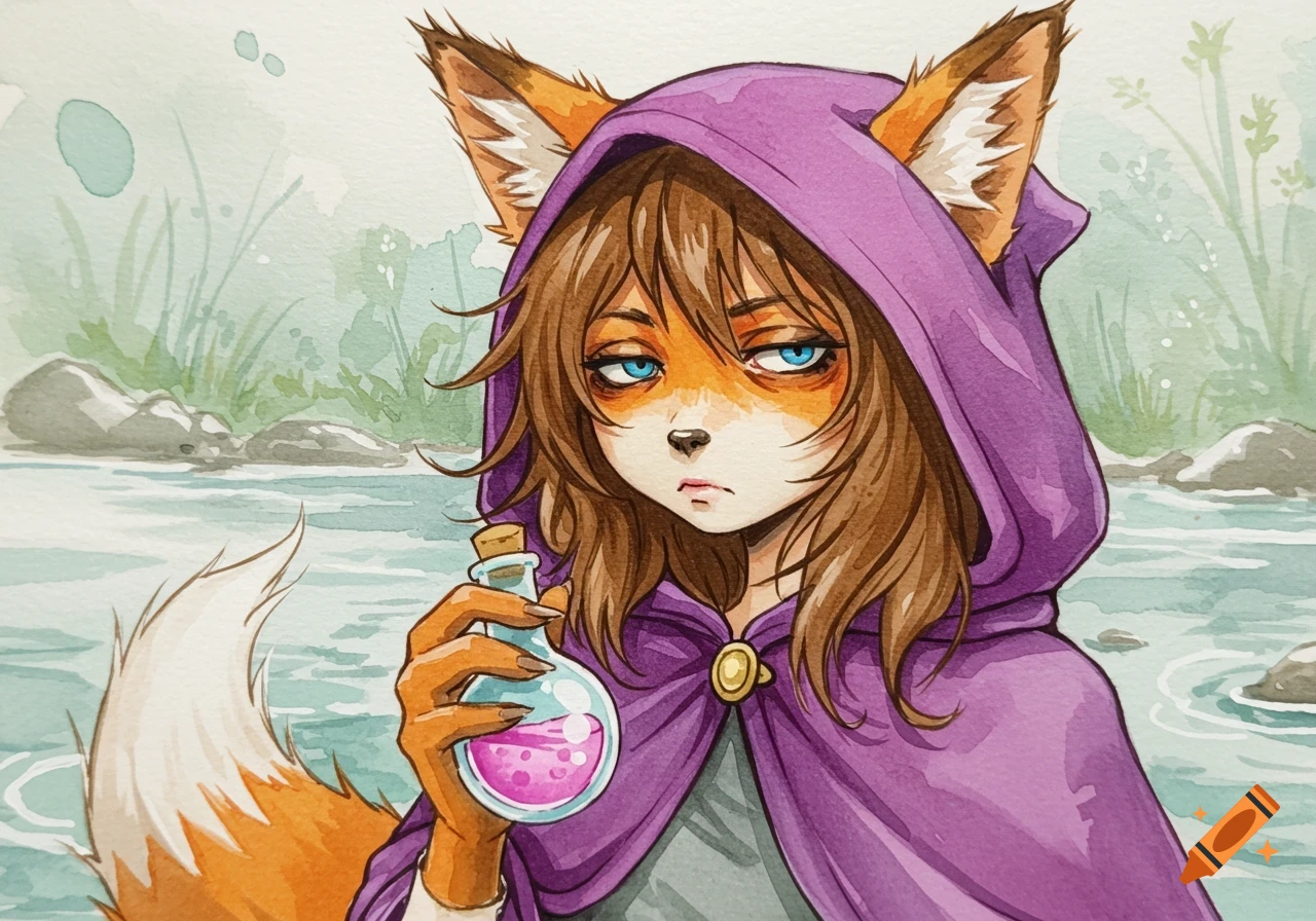 Anime fox girl in purple cloak holding potion, watercolor style on Craiyon