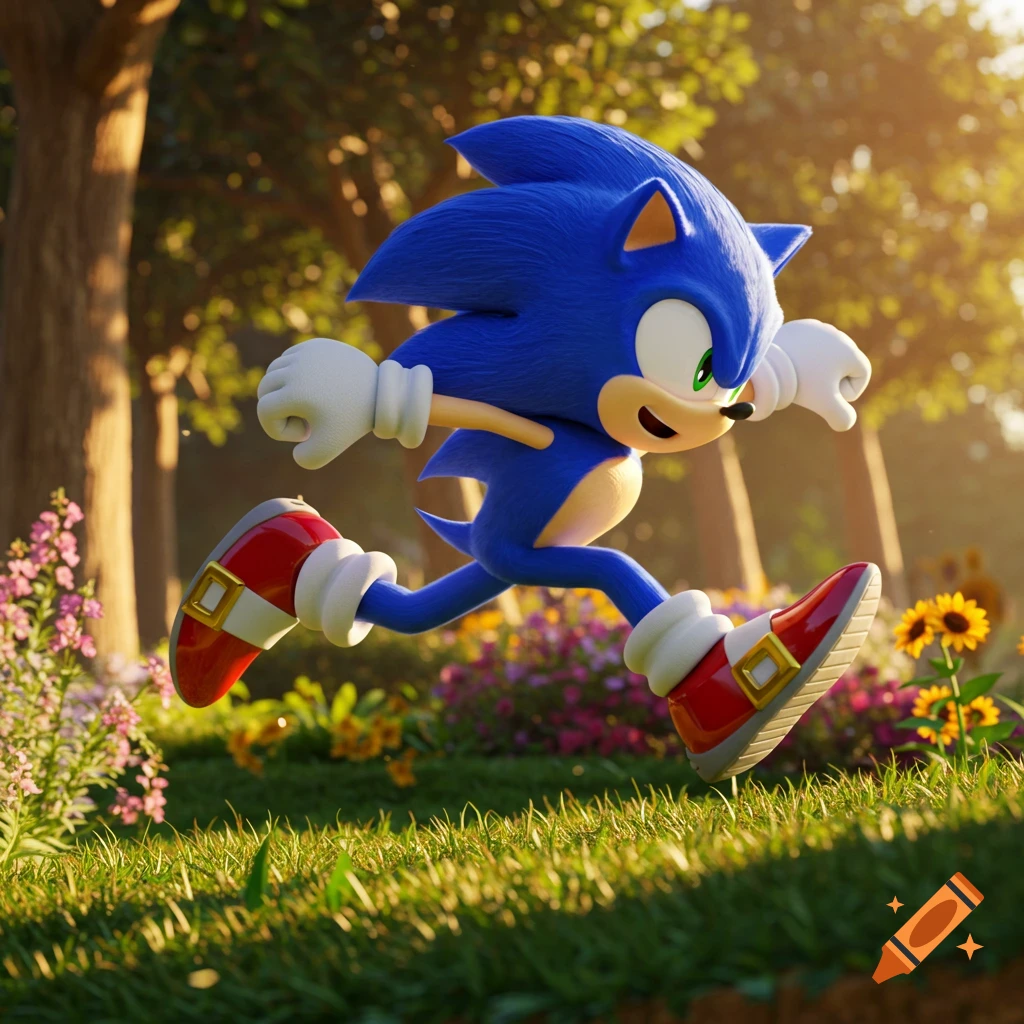 Sonic the Hedgehog running on a track with golden rings in a lush jungle environment, bright and ...