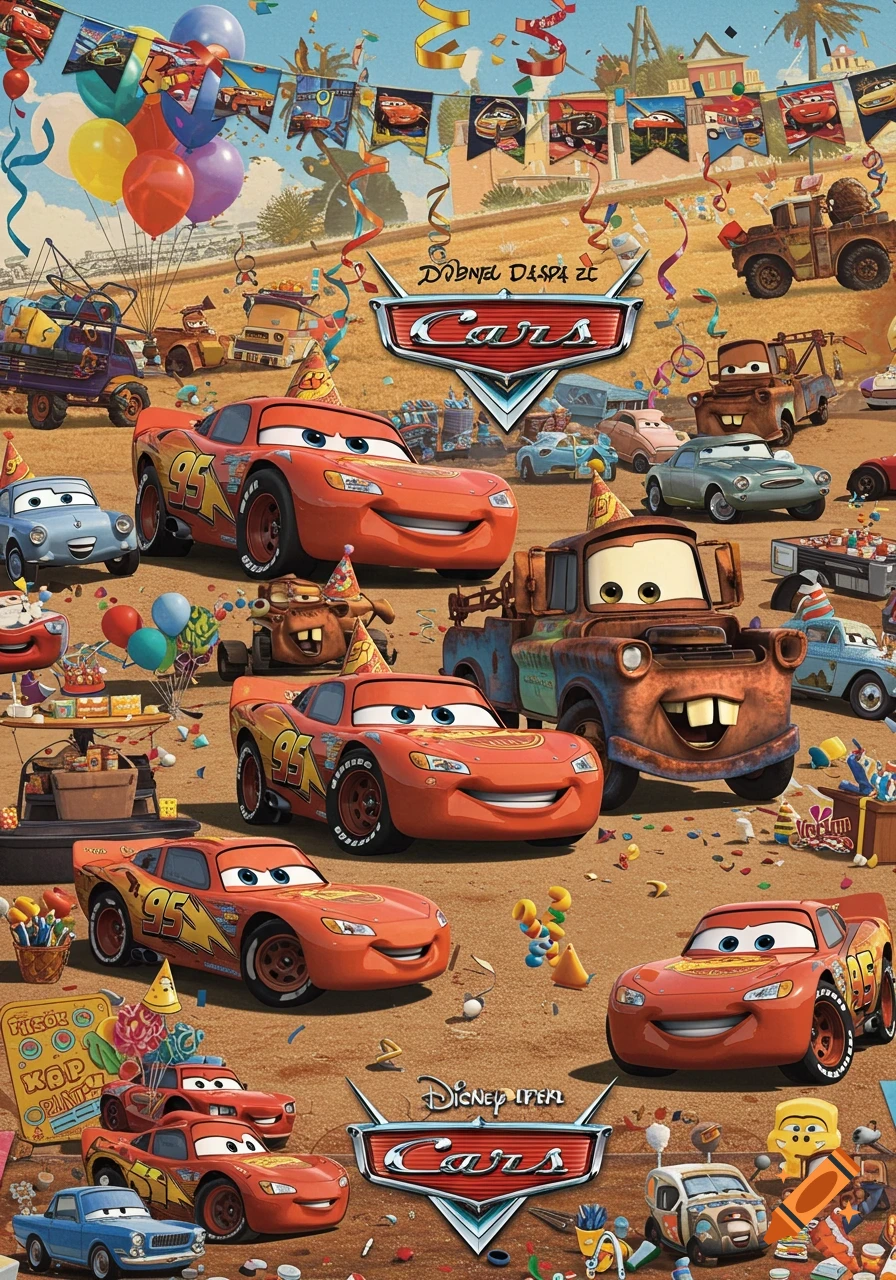 Characters from Disney Pixar's Cars movie at a party with balloons ...