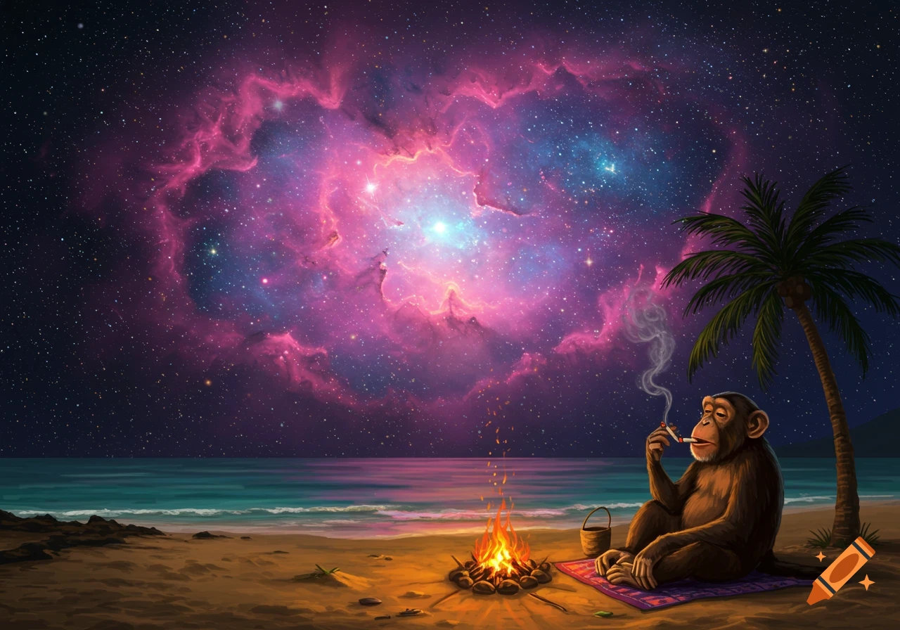Monkey smoking blunt on beach at night with nebula on Craiyon