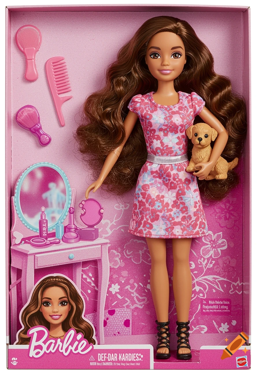 A Barbie doll with brown hair holding a dog in a pink product box with ...