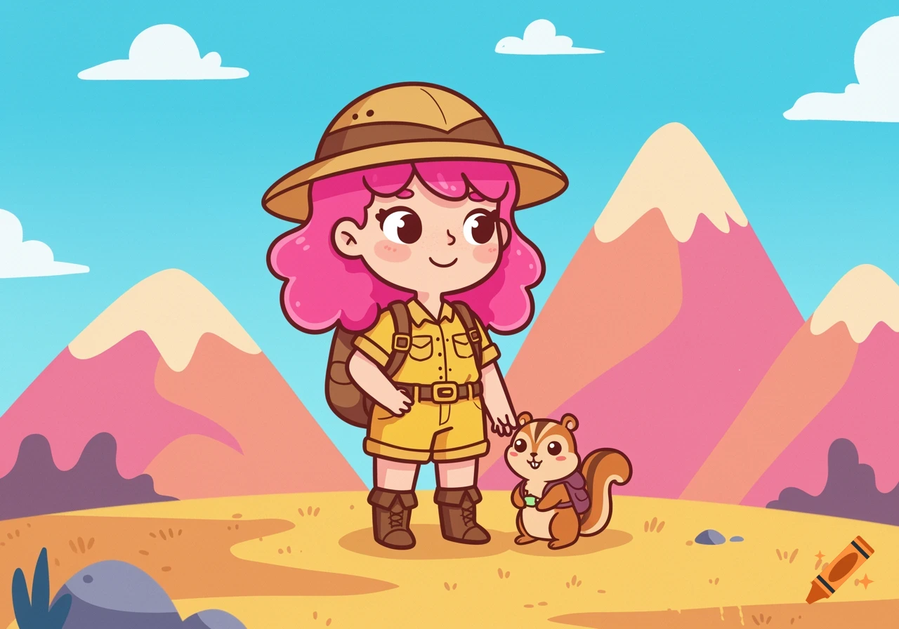 Cartoon lady with chipmunk in mountain landscape, children's book style ...