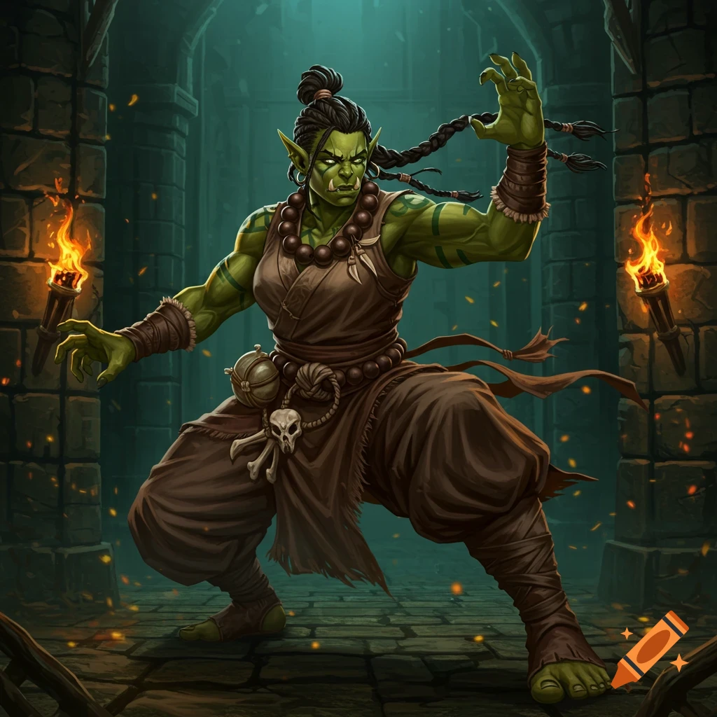 Muscular green orc female monk from Dungeons and Dragons on Craiyon