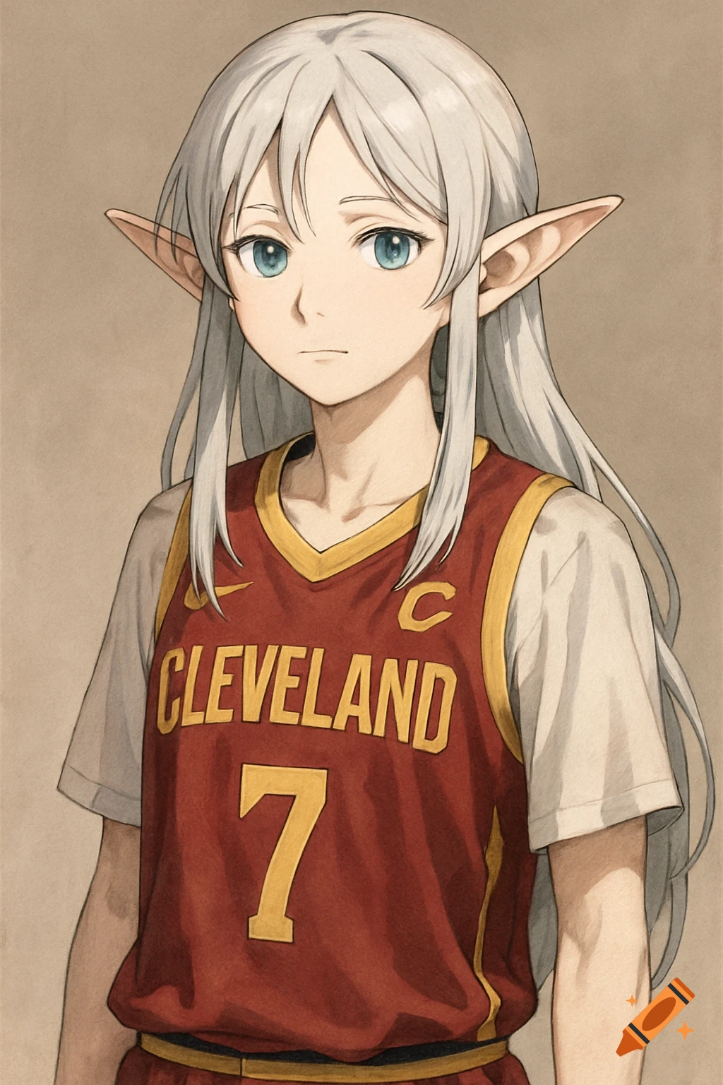 Frieren in a Cleveland Cavaliers jersey, anime style illustration. Fan ...