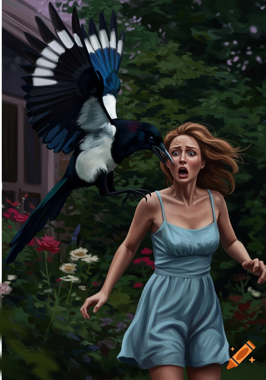 Magpie attacking a person on Craiyon