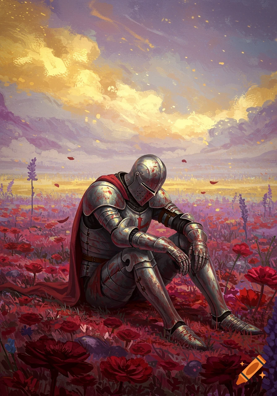 A sad red knight in full armor stands in a field of flowers, painted in ...
