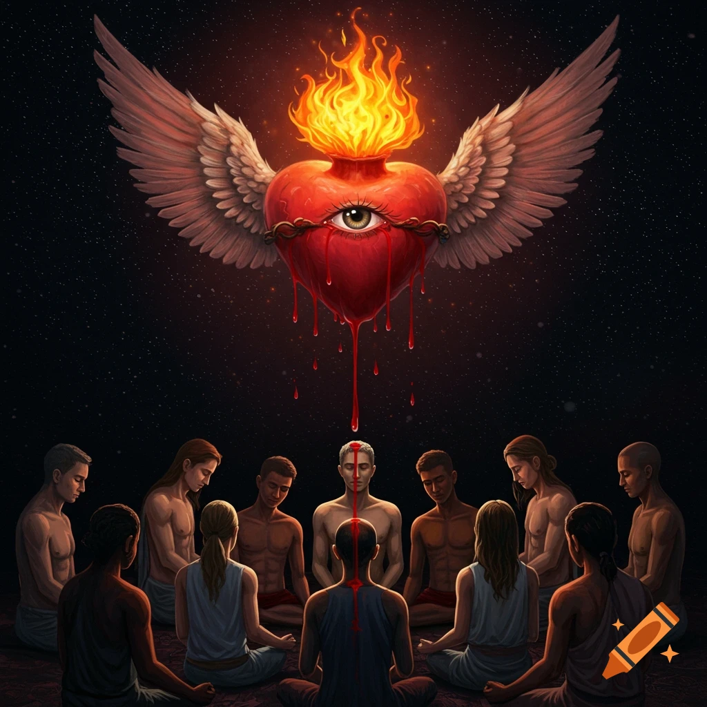 Flaming sacred heart with eye and angel wings over meditating people on ...