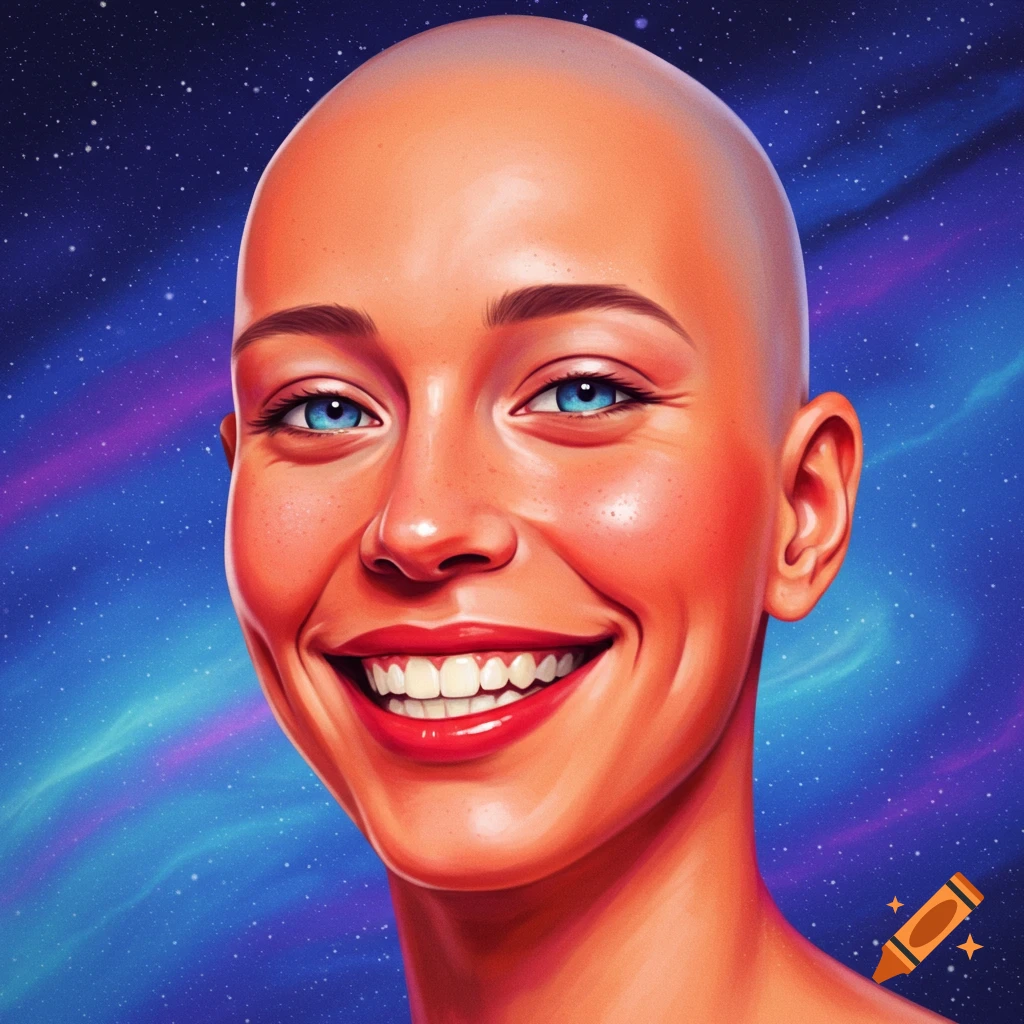 A bald person is smiling against a starry space background. on Craiyon