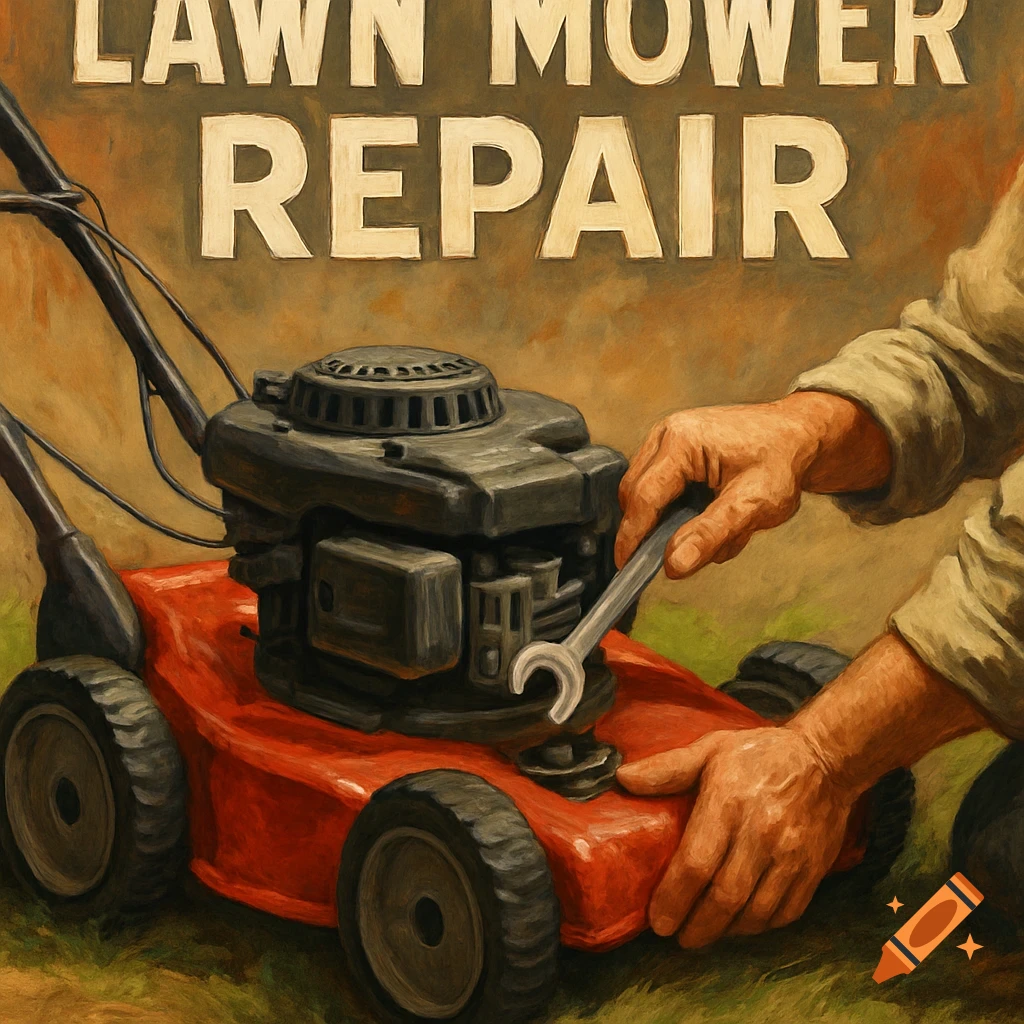 A person repairing a red lawn mower under text that reads "Lawn Mower ...
