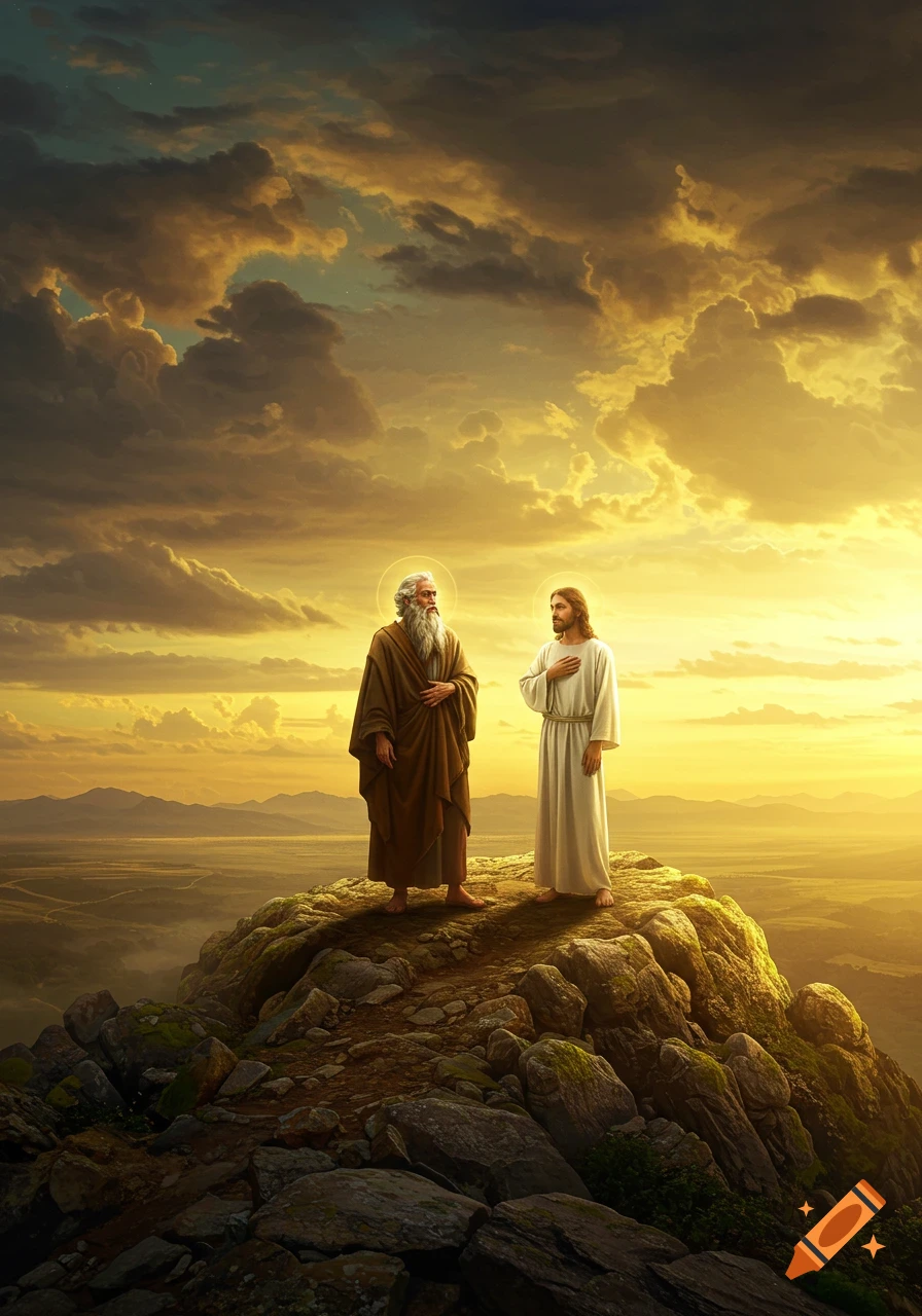 Moses and Jesus stand on a rocky mountain overlooking a landscape at ...