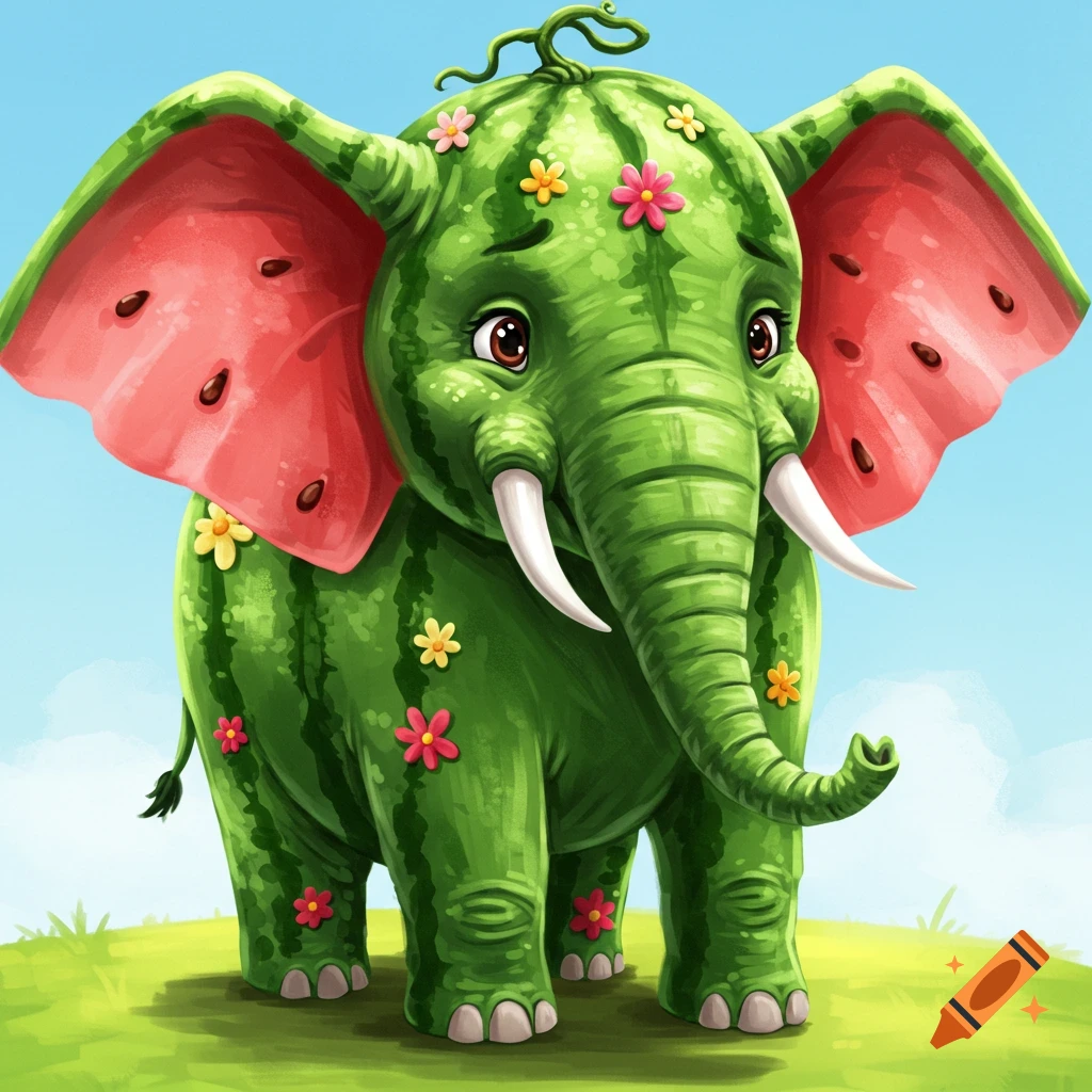 Cartoon elephant made of watermelon, standing on a grassy hill with ...