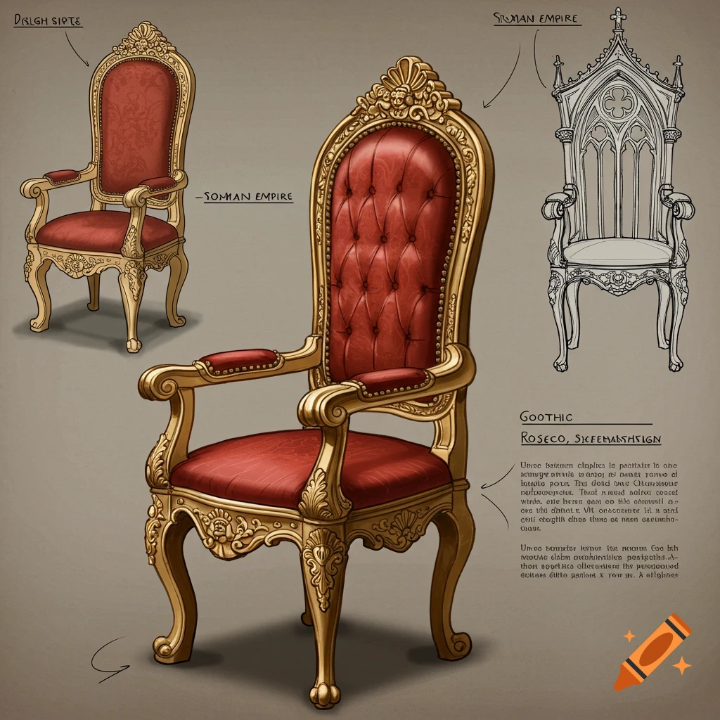 Chair designs blending Roman, Rococo, and Gothic styles on Craiyon