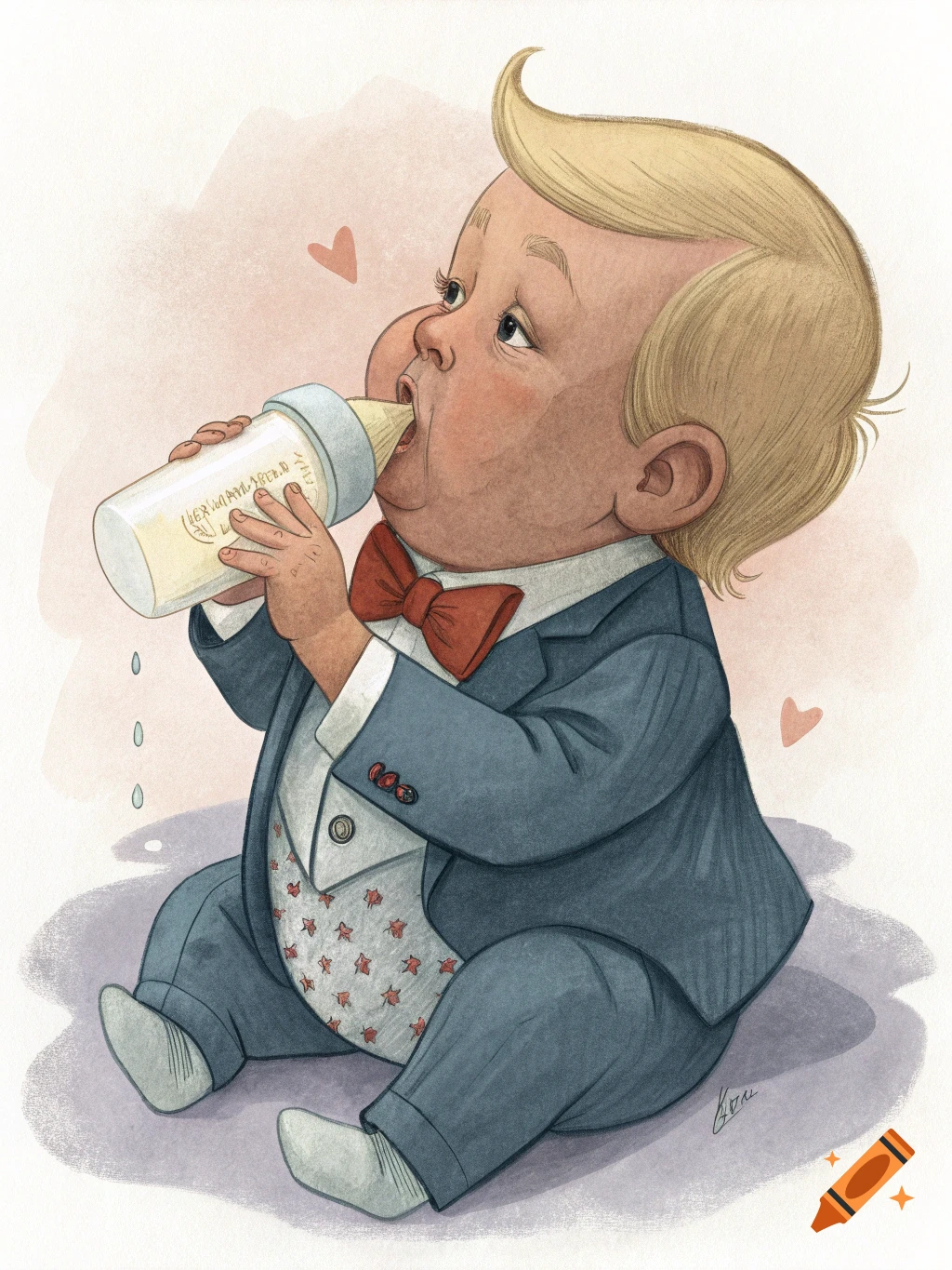 Illustration of a baby caricature resembling Trump wearing a suit and ...