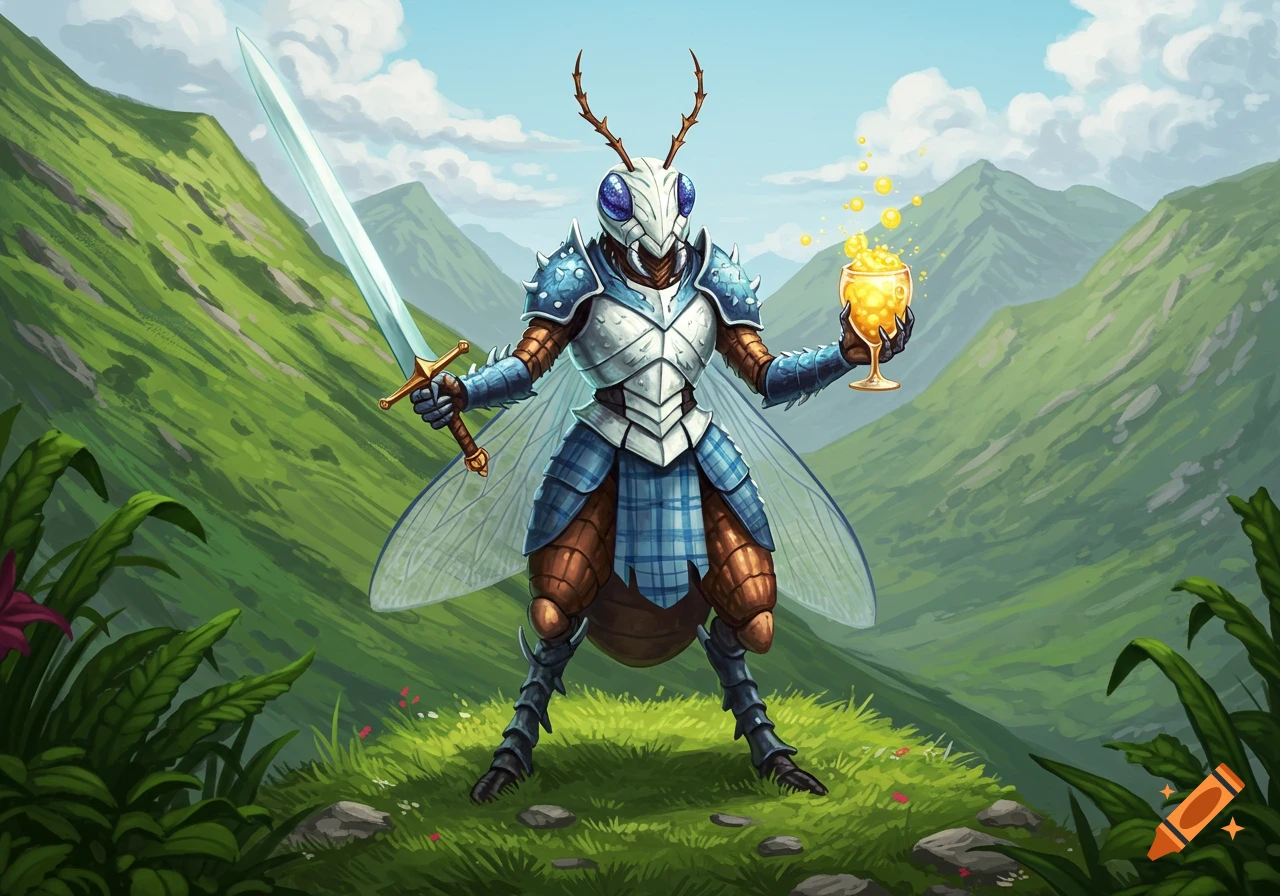 Insect humanoid in Scottish colors wielding a sword in a grassy ...