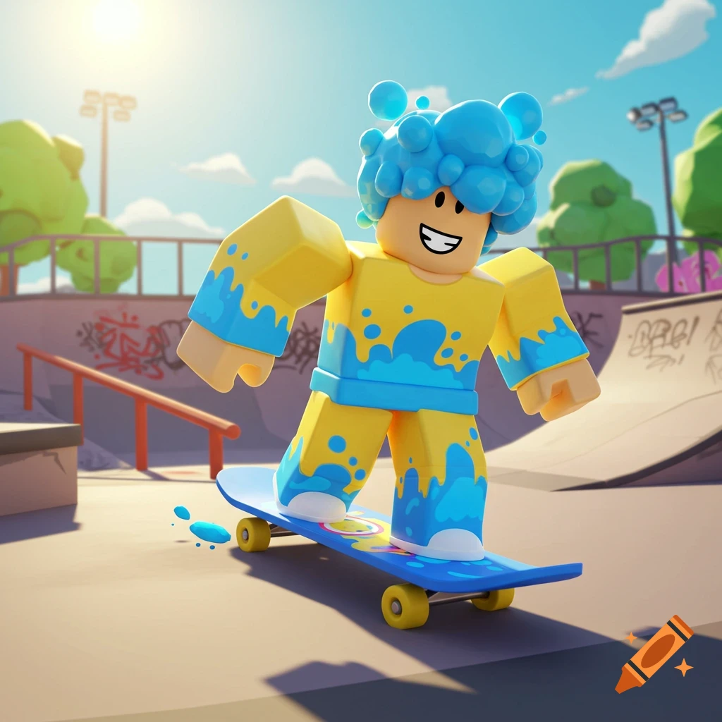 A Roblox-style character with blue bubble hair and a yellow and blue ...