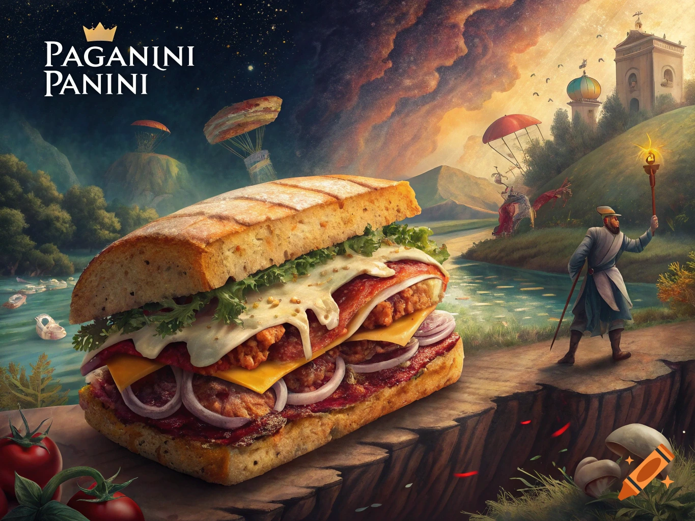 Large panini sandwich in a surreal fantasy landscape with a figure ...