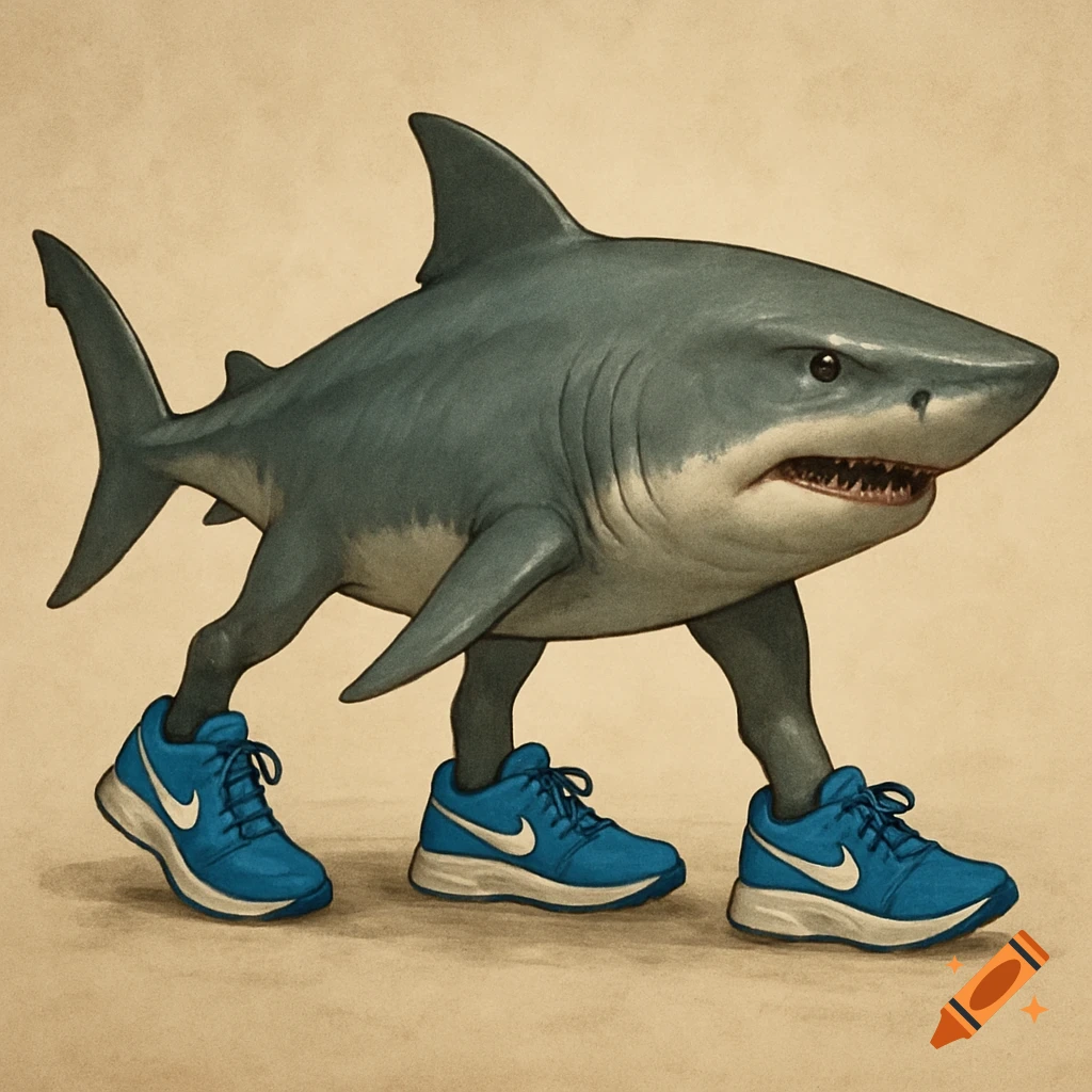 A shark walking on four legs wearing blue Nike shoes. on Craiyon