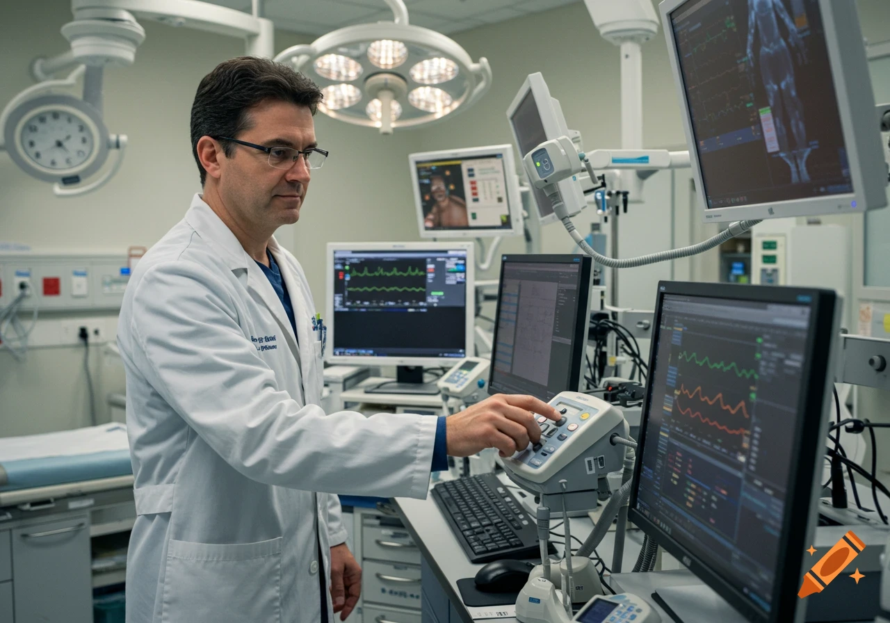 Doctor using button device connected to computers in clinic on Craiyon