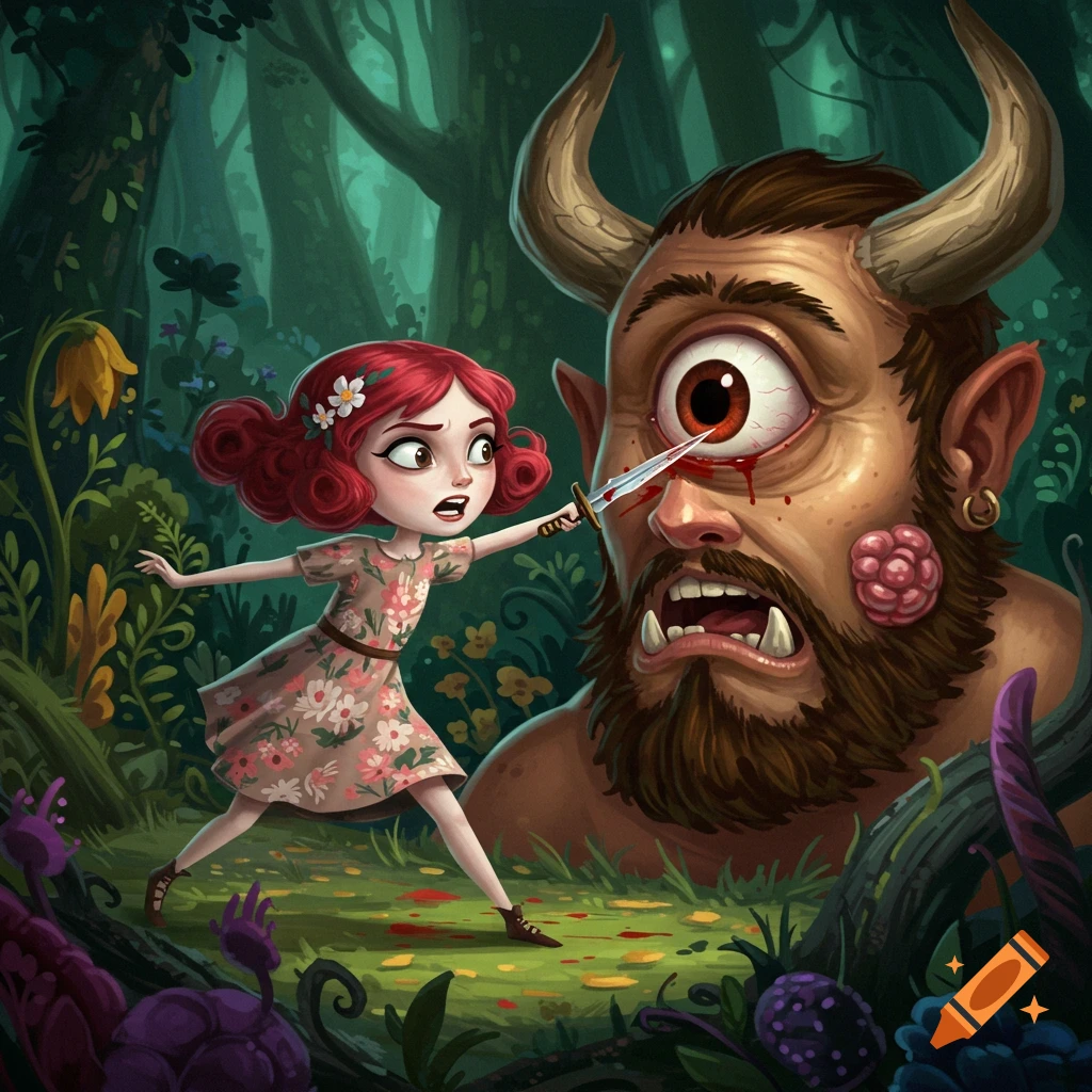 A small girl stabbing a cyclops in the eye in a forest clearing. on Craiyon