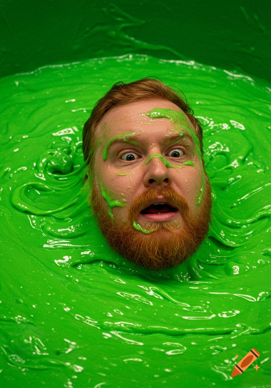 Blond-bearded man with arms raised emerges from swirling green slime ...