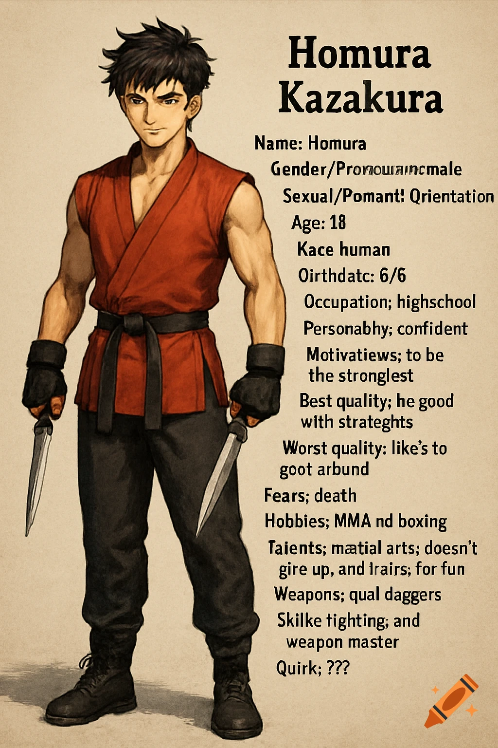 Homura Kazakura, 18 year old male, martial artist character on Craiyon