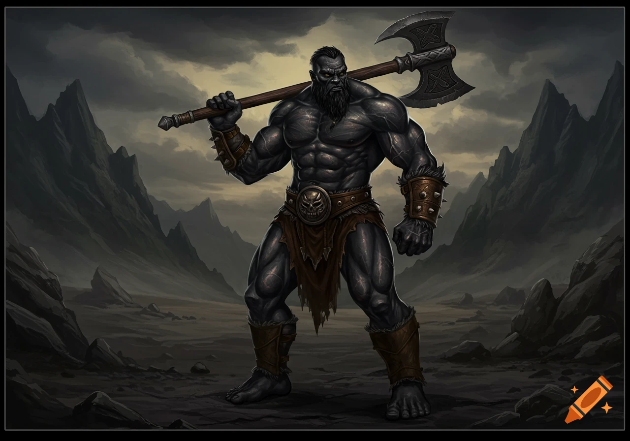A large dark-skinned barbarian warrior stands in a rocky fantasy ...