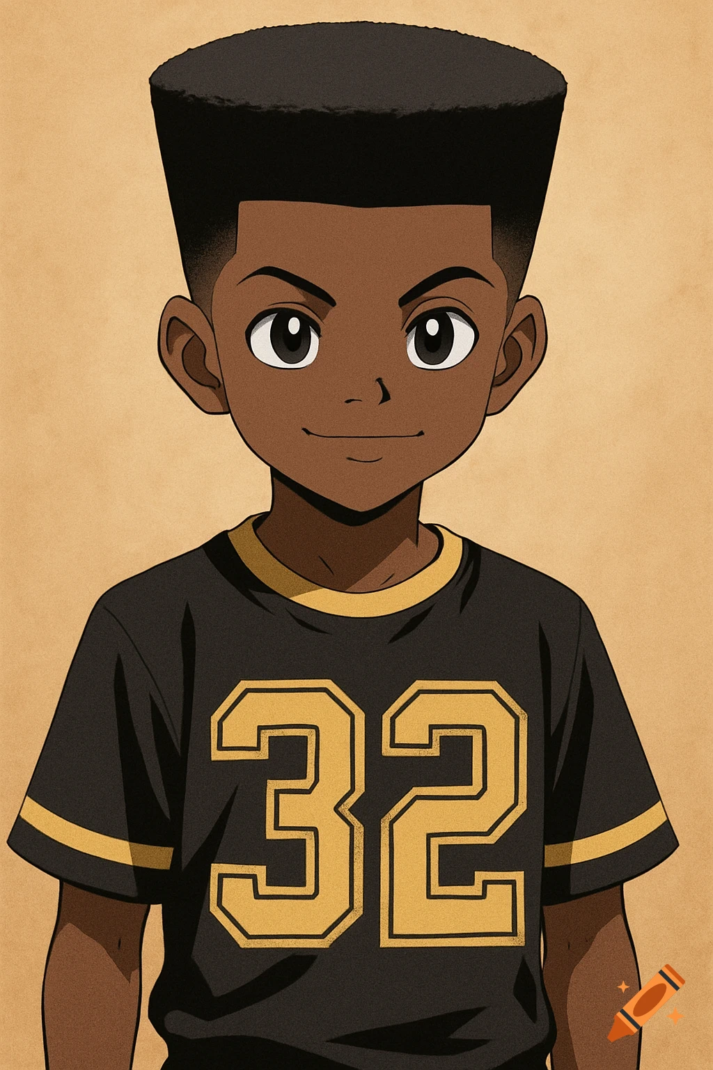 Black anime kid with duke hairstyle wearing a black and gold 32 shirt ...