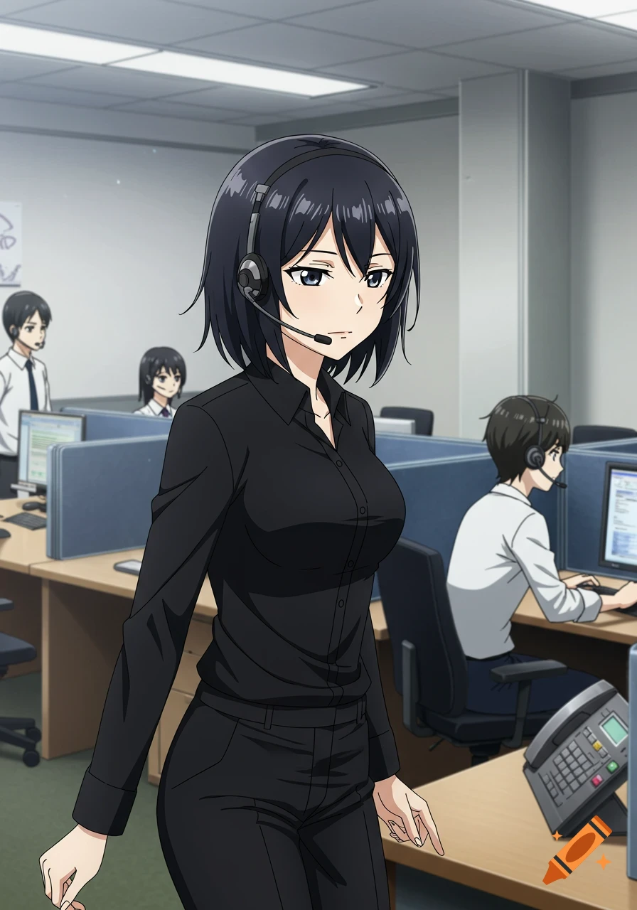 Anime woman wearing a headset in a call center office. on Craiyon
