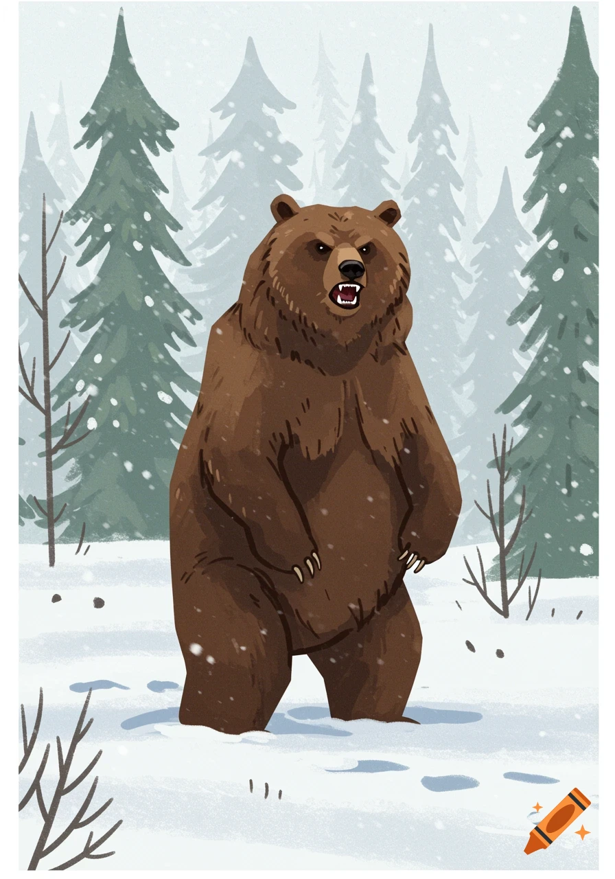 Angry brown bear stands in snowy winter forest. on Craiyon