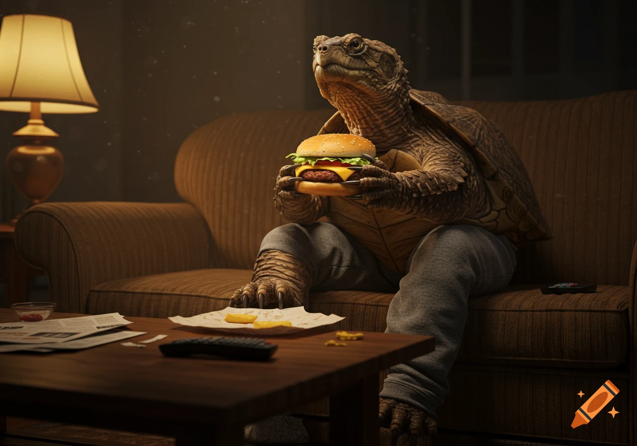 Hyper realistic snapping turtle eating cheeseburger on couch on Craiyon