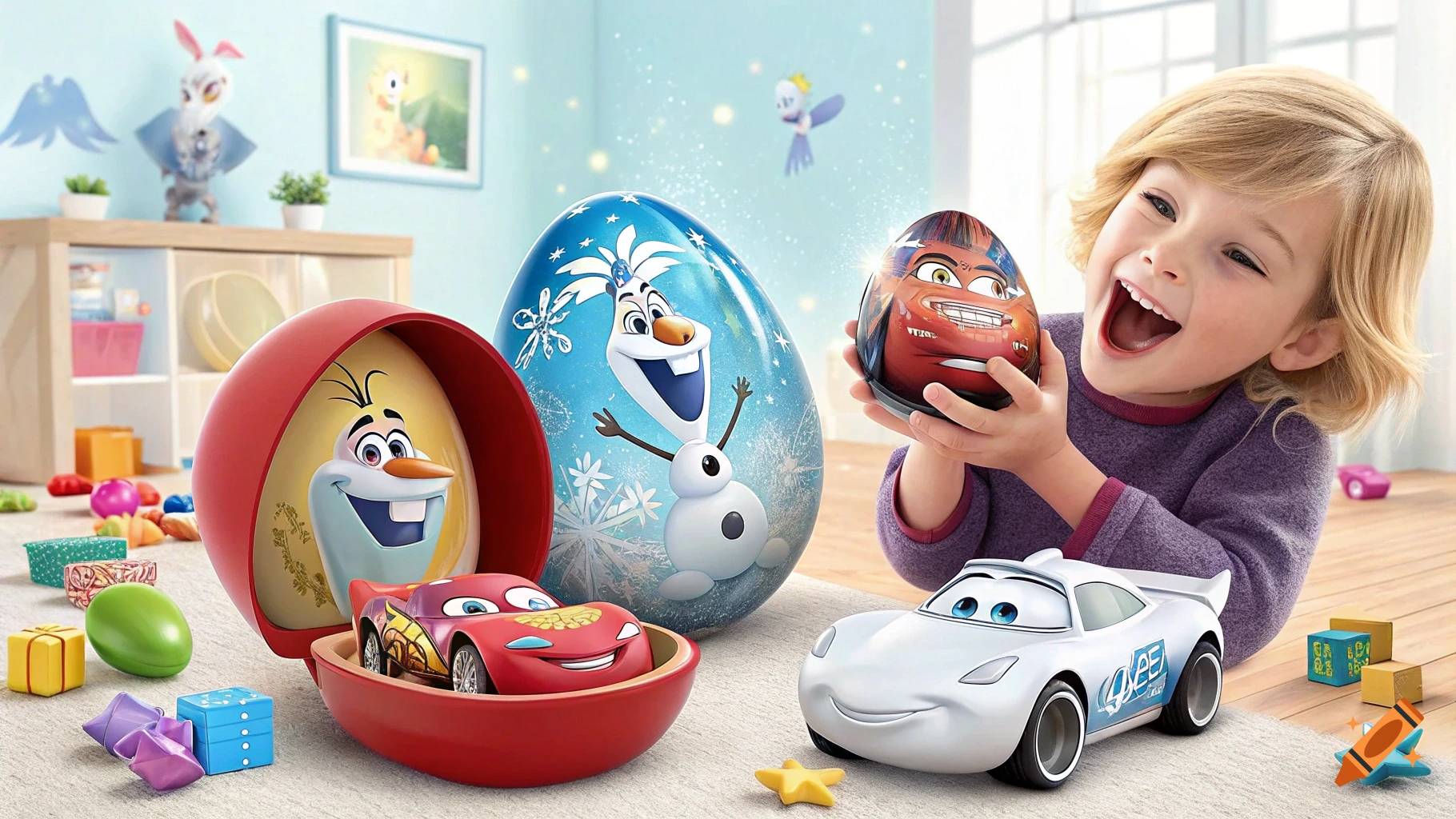 A happy child plays with Disney character toys from Frozen and Cars in large Easter eggs. on Craiyon
