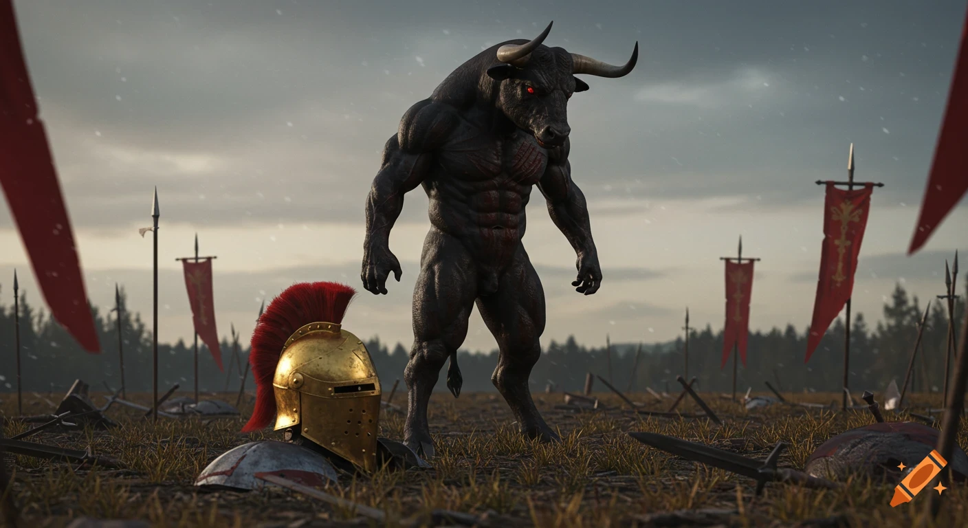 Muscular anthropomorphic black bull stands over broken golden knight ...