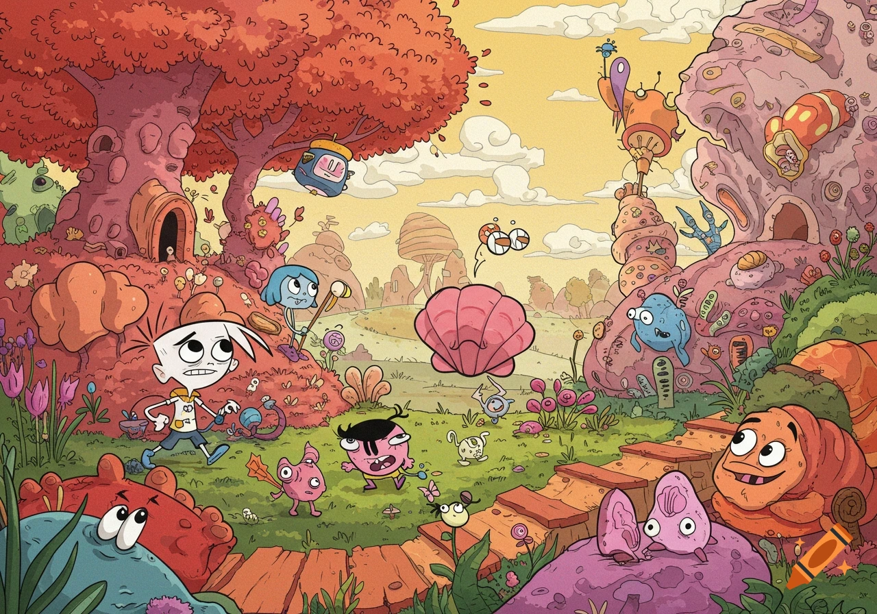 Colorful cartoon illustration of an alien, fairy, and monsters in a ...