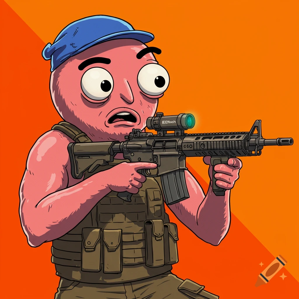 A cartoon character wearing tactical gear and a blue hat holds a rifle ...