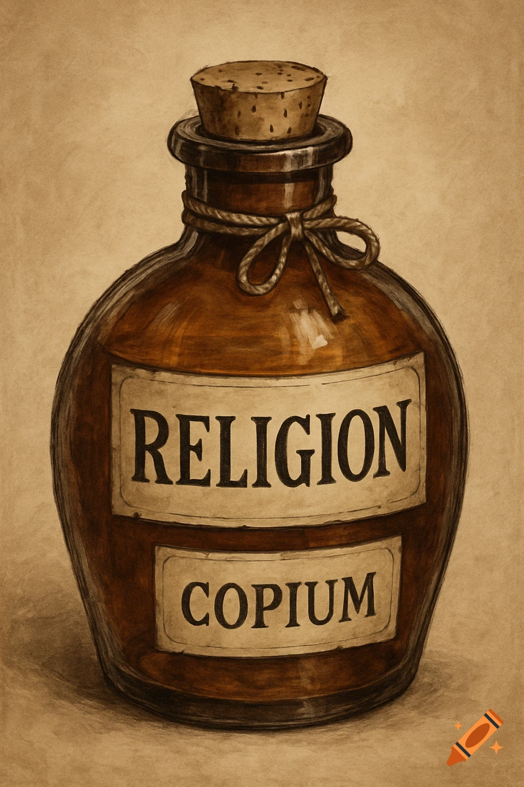 Bottle labeled 'religion' containing 'copium' on Craiyon