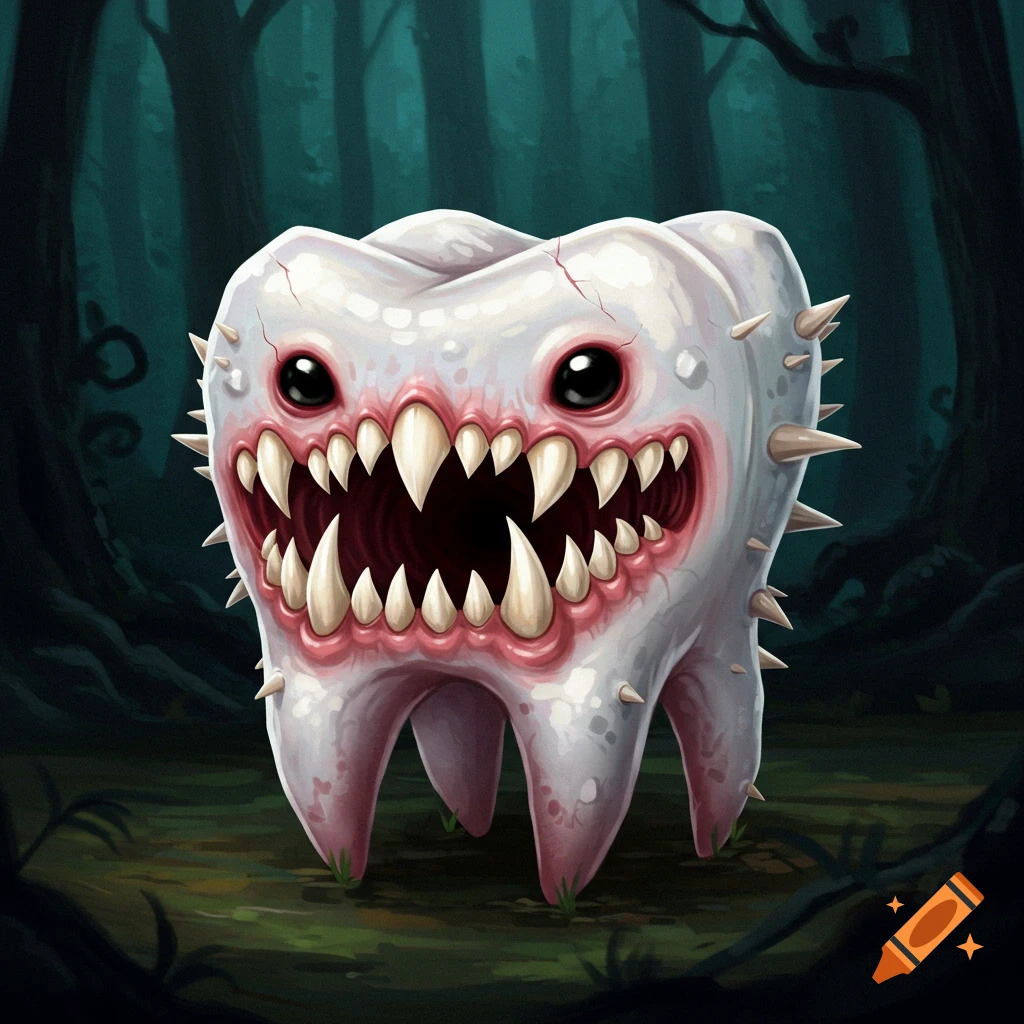 A monstrous tooth creature with sharp teeth and spikes stands in a dark ...