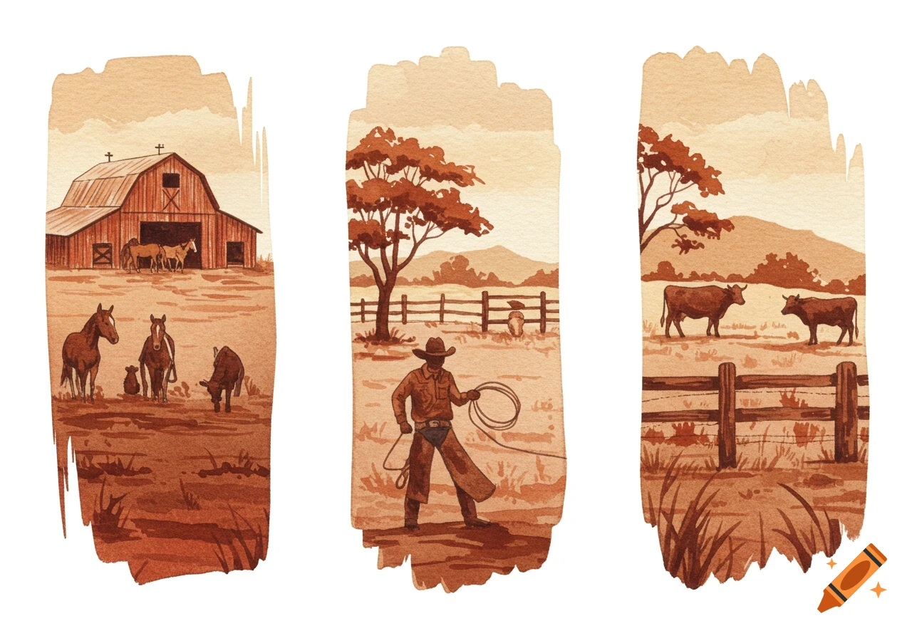 Watercolor collage of Western scenes in brushstroke silhouettes on Craiyon