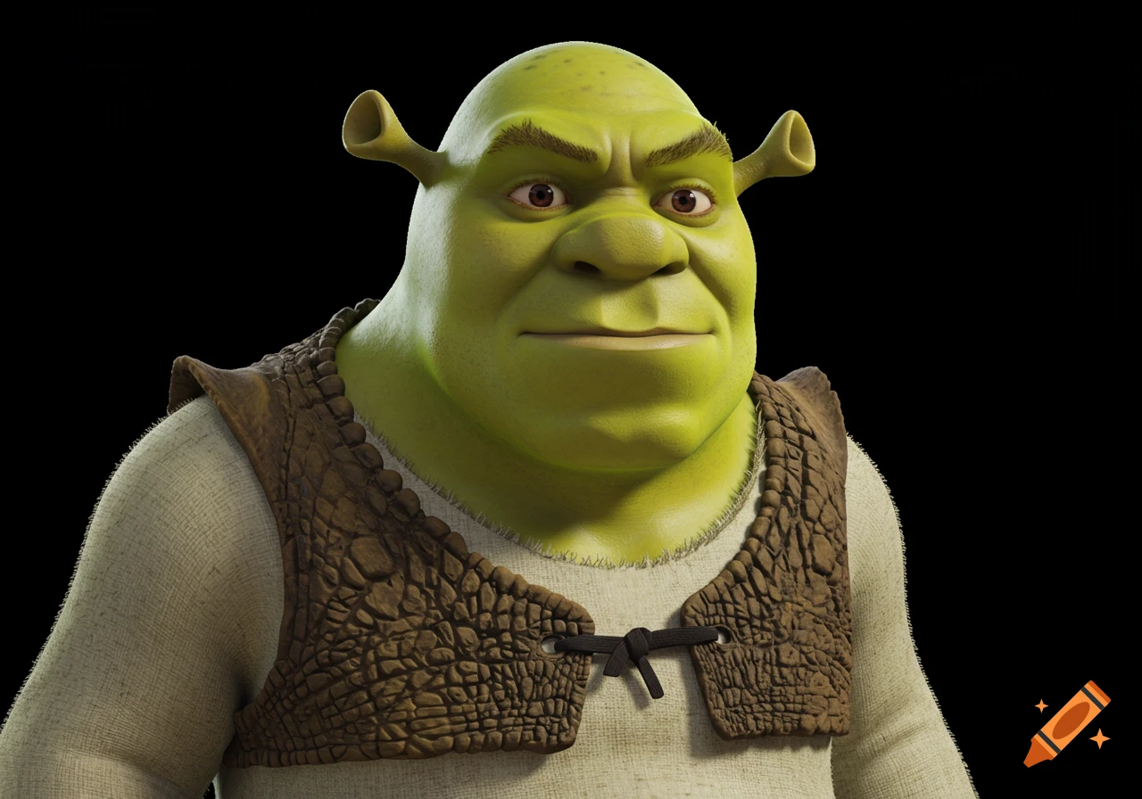 Close-up portrait of the cartoon character Shrek looking forward. on ...
