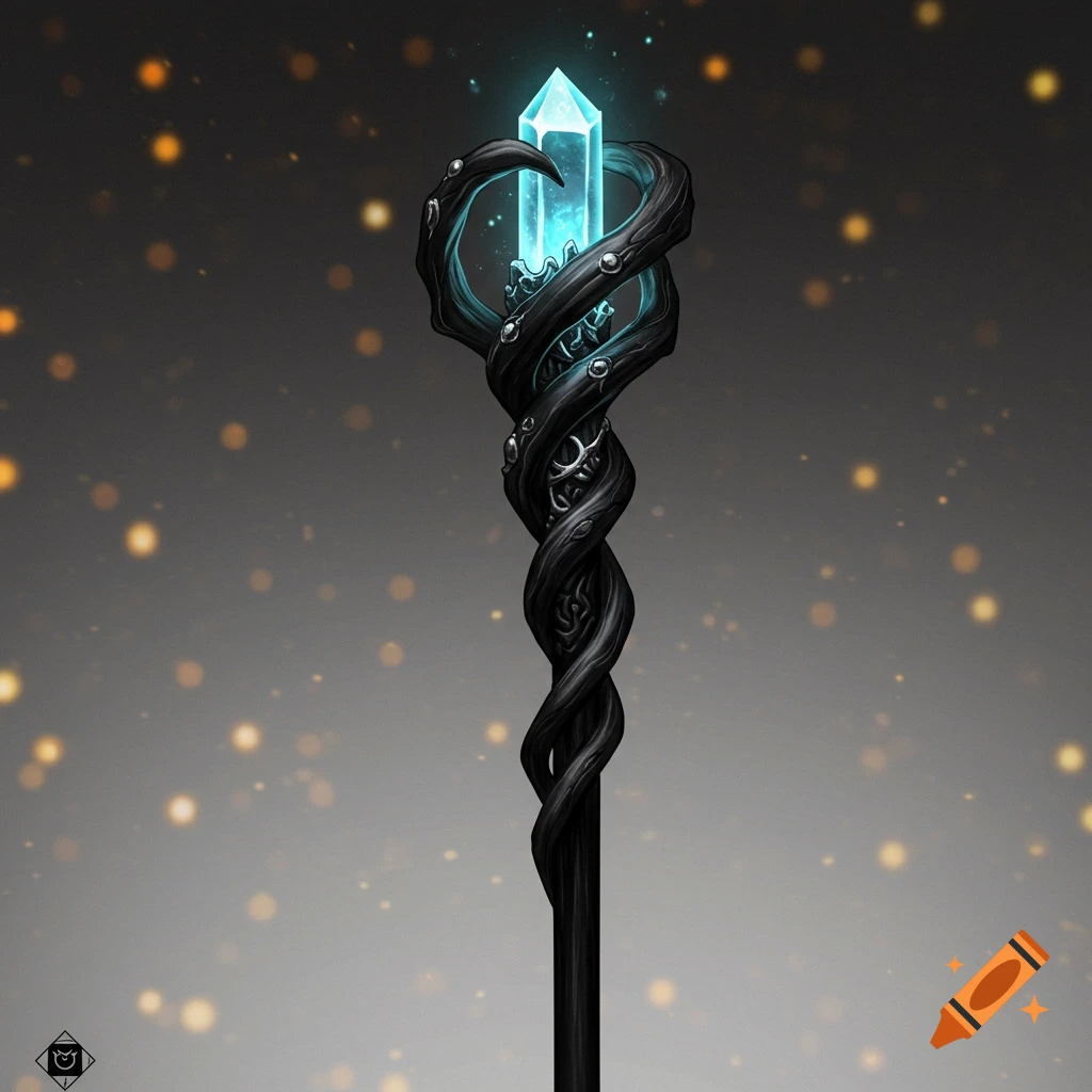 A black wizard staff with a glowing blue crystal head, on a bokeh ...