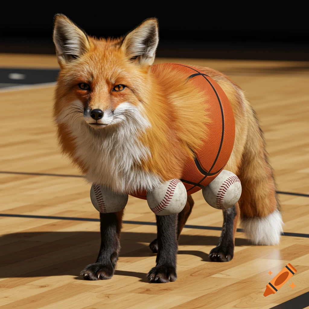A realistic fox with a basketball body and baseball legs stands on a ...
