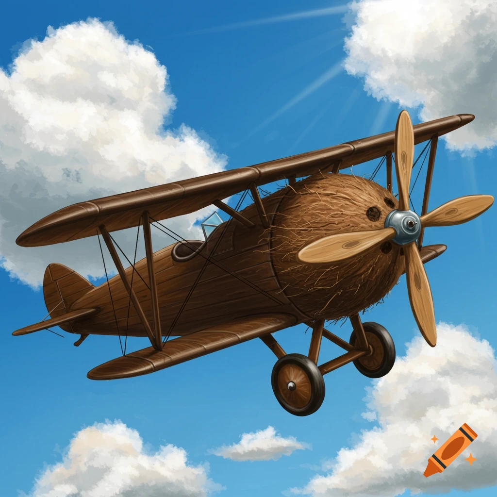 Cartoon biplane with a face, flying in a blue sky with clouds and a ...