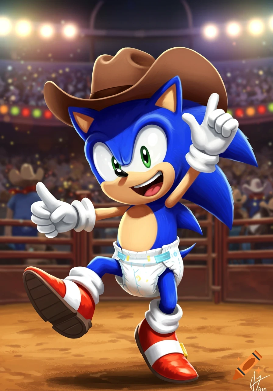 Sonic the Hedgehog wearing a cowboy hat and diaper dancing in a rodeo ...
